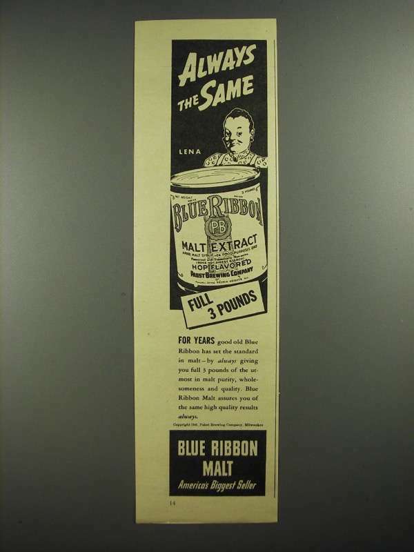 1940 Pabst Blue Ribbon Malt Ad - Always the Same | eBay