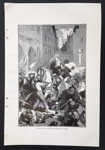 Engraving Print Count Louis Attacked by the Men of Ghent 1909 from Book ...