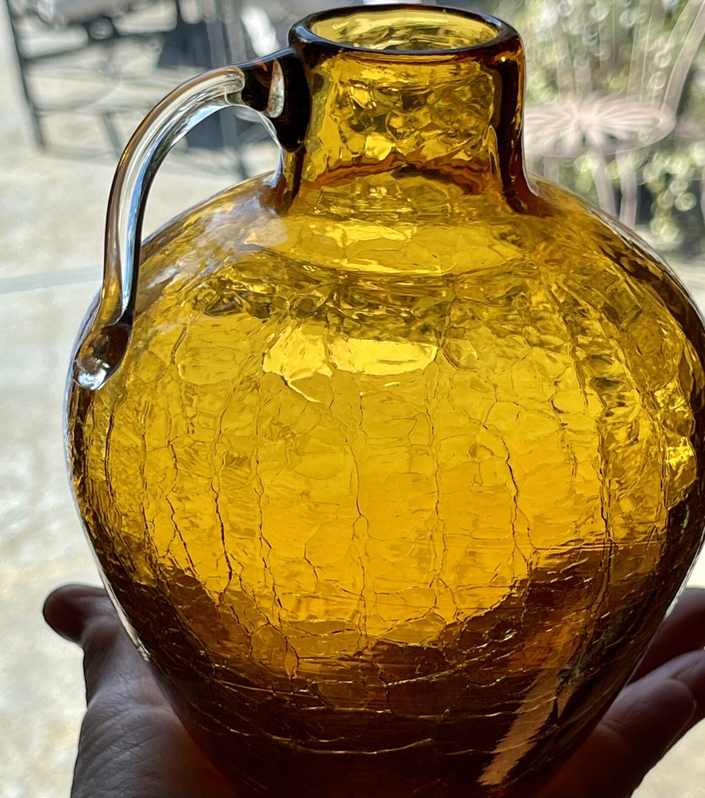 Blenko Amber Crackled Hand Blown pitcher With Clear Handle | eBay