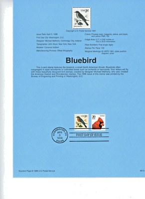 1996 USPS Souvenir Page 03¢ BLUEBIRD AND 30¢ CARDINAL #9613 w/Watermark ...