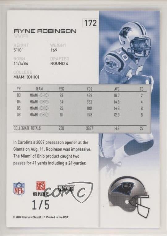 2007 Playoff NFL Playoffs Black Proof 1/5 Ryne Robinson #172 Rookie RC ...