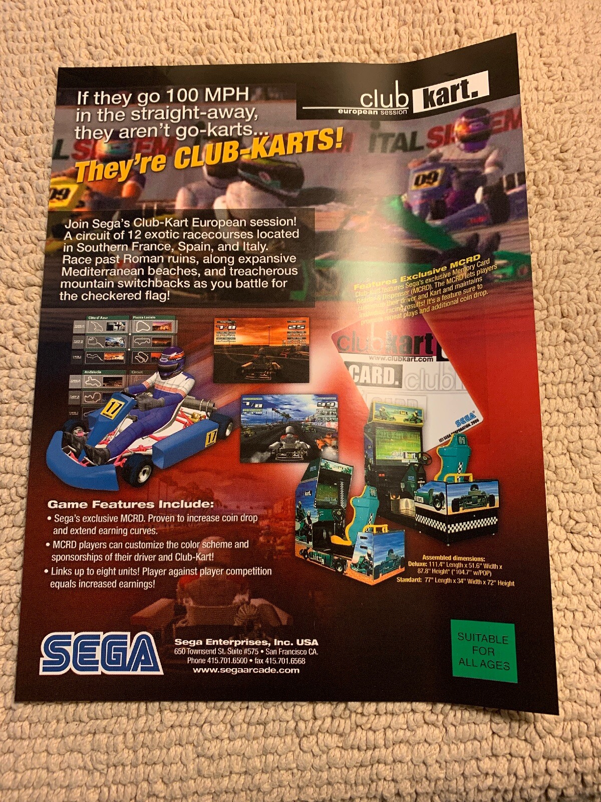 odd size 11- 8 '' Club Cart Sega ARCADE video GAME FLYER | eBay