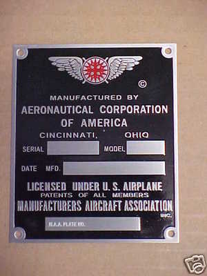 Aeronautical Corp. Aircraft Data Plate 1930s & 1940s Acid Etched ...