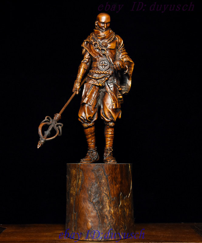 10" Old Chinese Buddhism Boxwood Wood Carving Warrior Monk Arhat Buddha ...