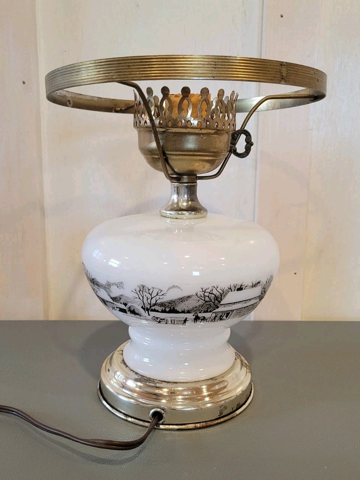 Vintage Currier&lves Milkglass Table Lamp, Country Scene | eBay
