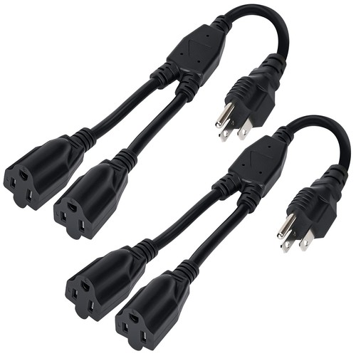 3-Prong Y Splitter Power Extension Cord 1 FT/2 Pack, Straight Plug 1 to ...