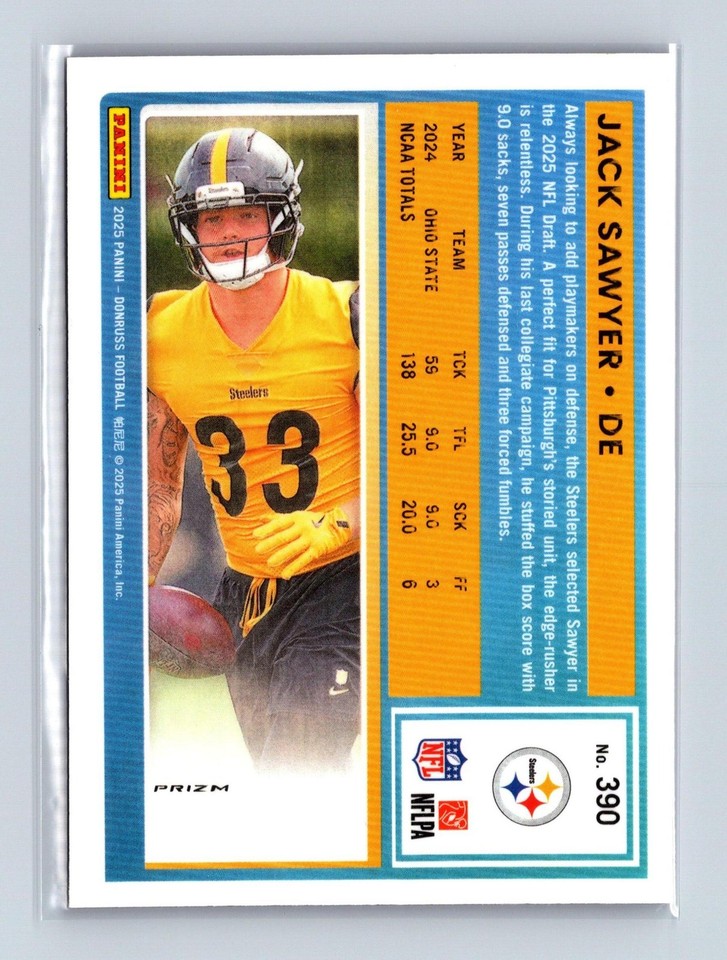 Jack Sawyer Steelers 2025 Donruss #390 Optic Rated Rookies Pink Rookie ...