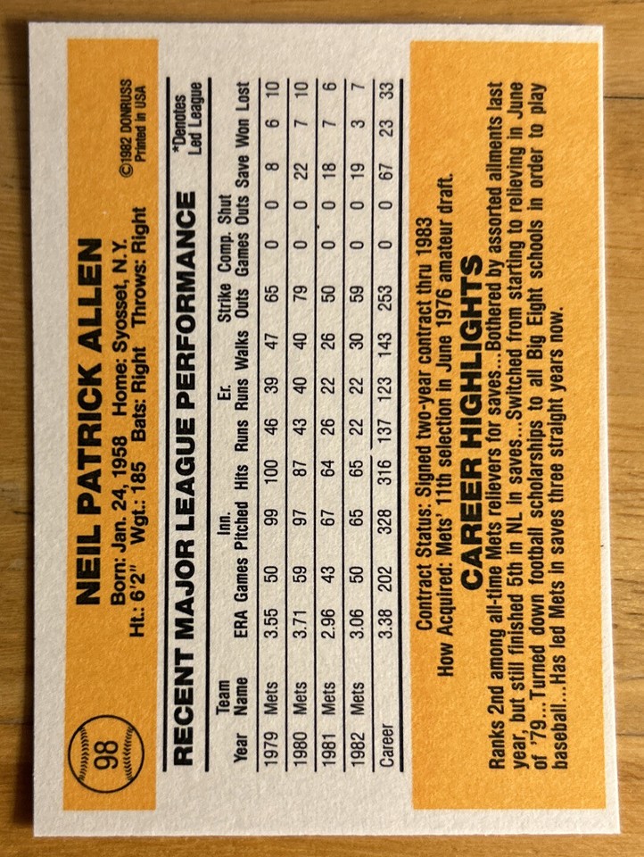 1983 Donruss Neil Allen Baseball Card #98 Mets Pitcher High-Grade NM O ...
