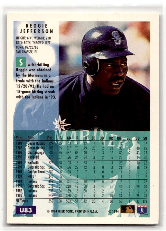 1994 Fleer Update #U83 Reggie Jefferson Seattle Mariners Baseball Ca ID ...
