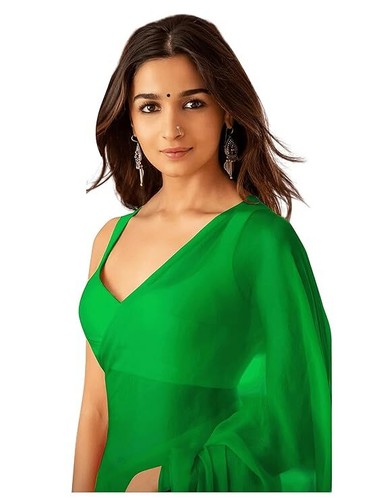 Women's Solid Plain Georgette Saree With Unstitched Blouse Piece- Green ...