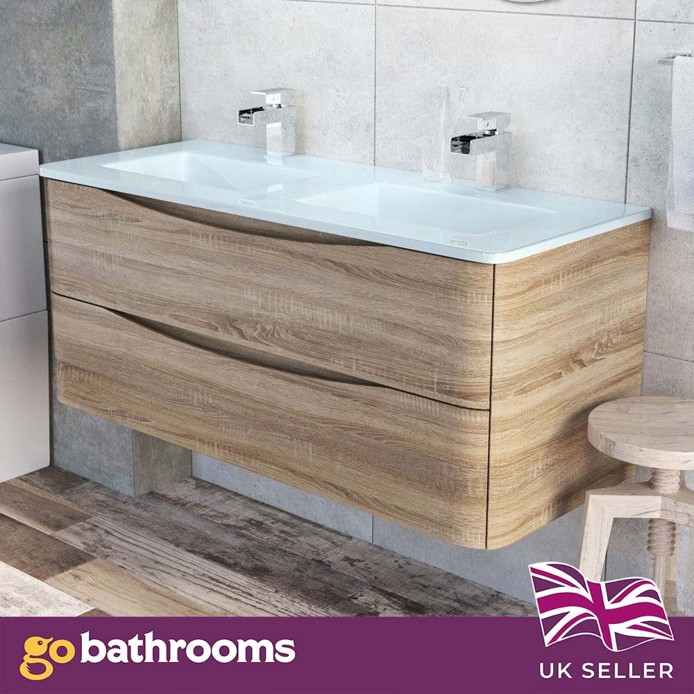 Double 1200mm Wall Vanity Unit Storage White Glass Wash Basin | Eaton ...