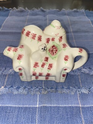 Cat on Sofa Cardinal Couch White Pink Flowers Handpainted 1995 Tea Nee ...