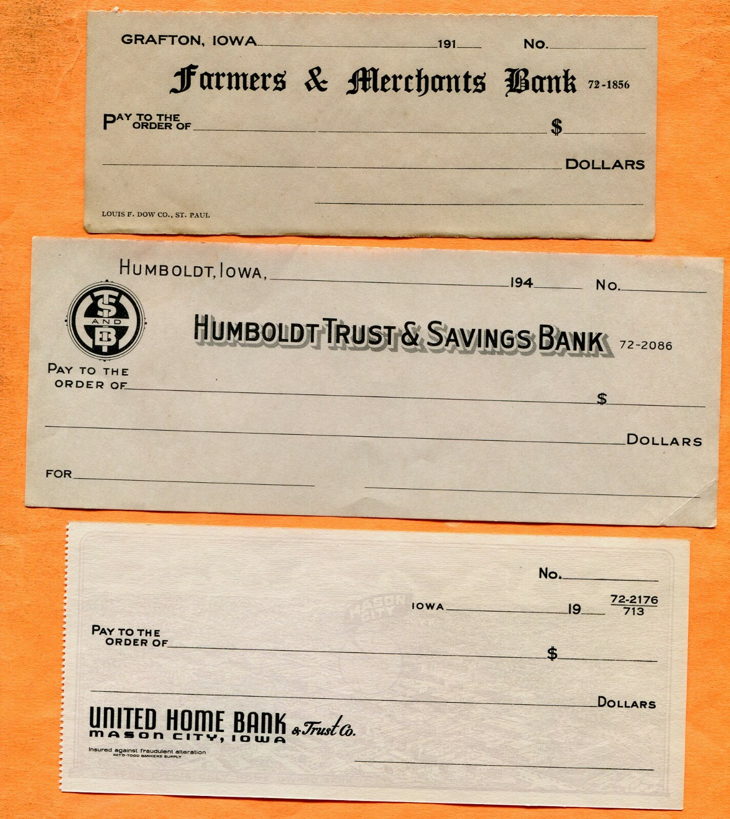 Grafton, Mason City & Humboldt, Iowa, Lot of 3 Old Unissued Checks See ...