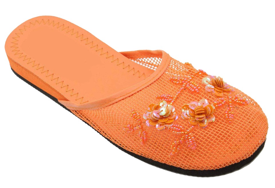 Women's Chinese Mesh Slipper Sequin Floral Beaded Sandals Flip Flops ...