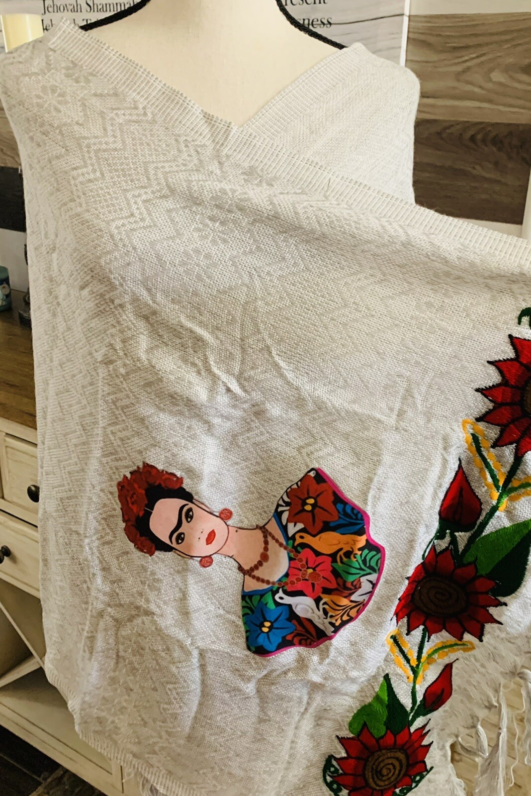 Frida Kahlo Mexican Embroidered Reboso Shawl Artisan Wrap Reboso Flores ...