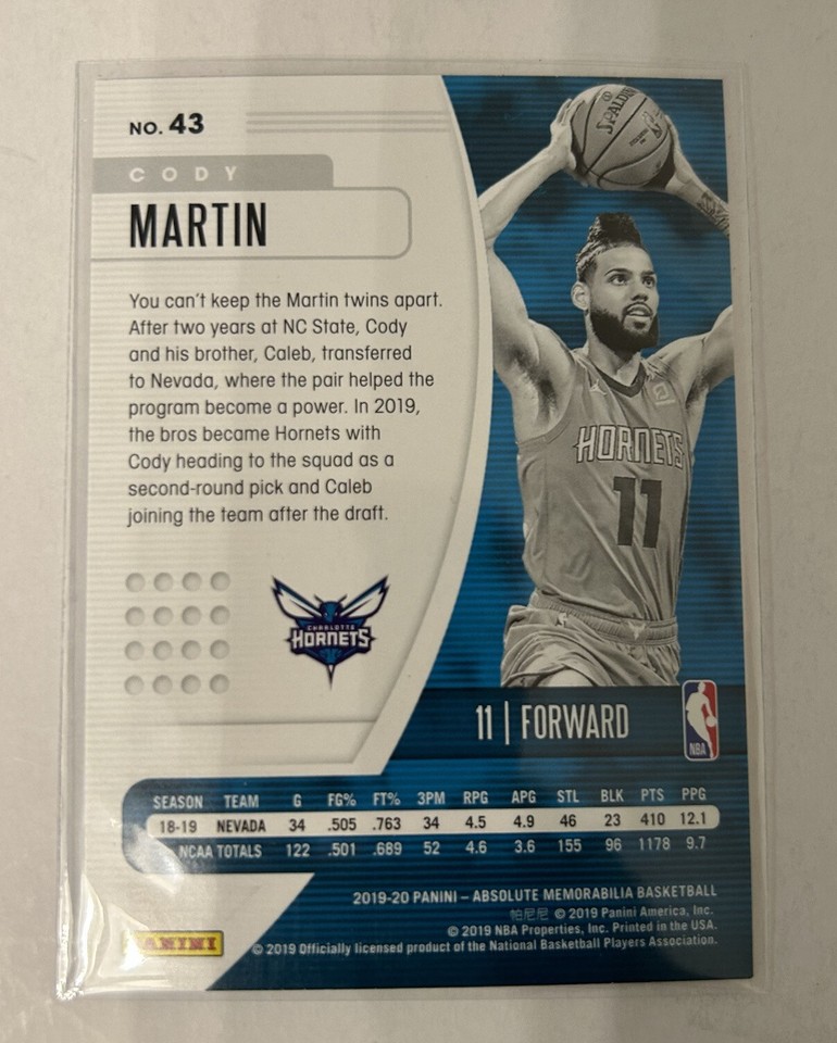 2019-20 Absolute Memorabilia Basketball Cody Martin Rookie Card RC ...