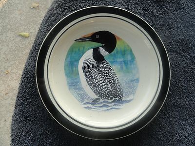 Folkcraft Stoneware Loon Lake (Standing Loon) Black Rim White Salad ...