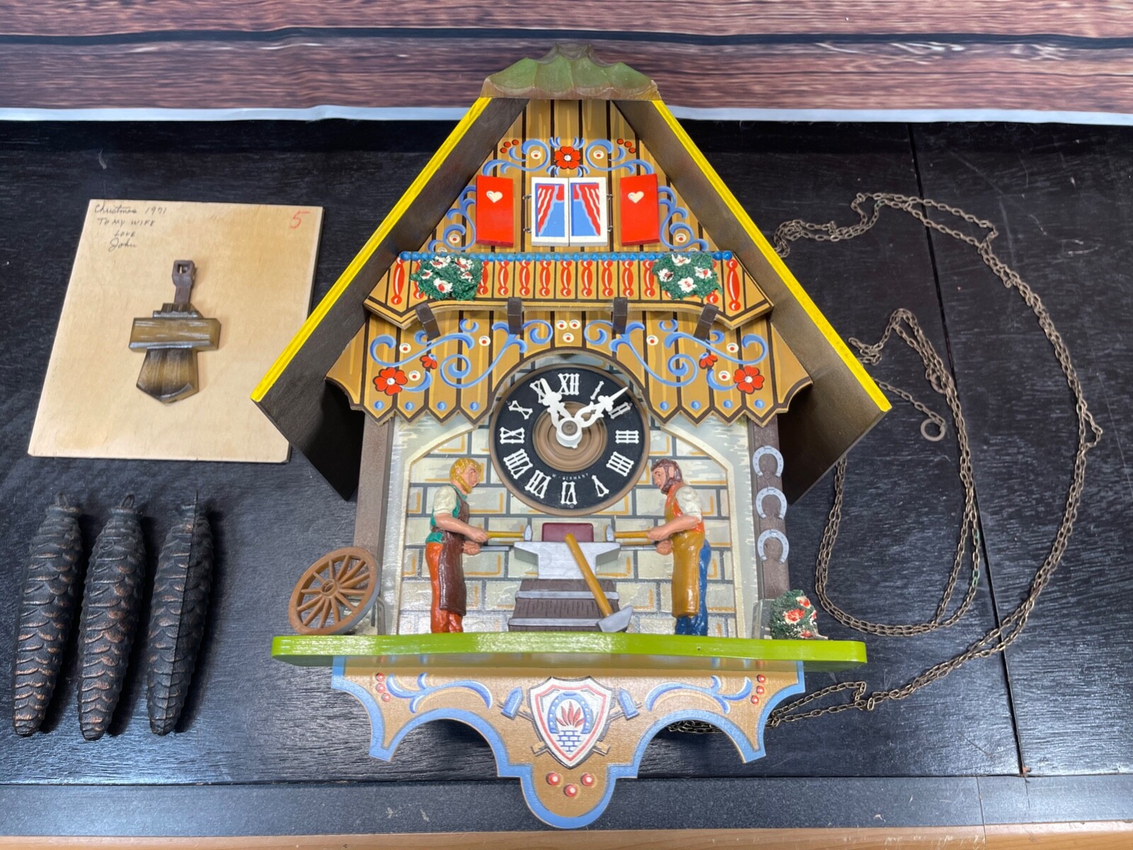 1971 West German Anvil Blacksmith Animated Clock Black Forest E ...