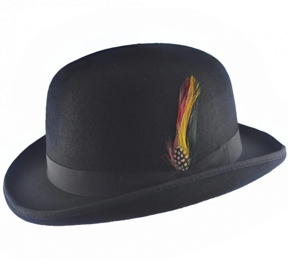 100% Wool Bowler Hat High Quality with Removable Feather Satin Lined | eBay