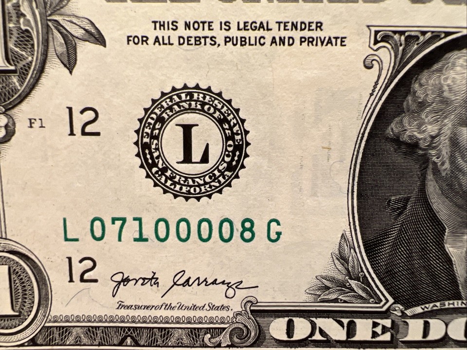 $1 Bill Cool Serial Number Note One Dollar L 07100008 G ~ uncirculated ...