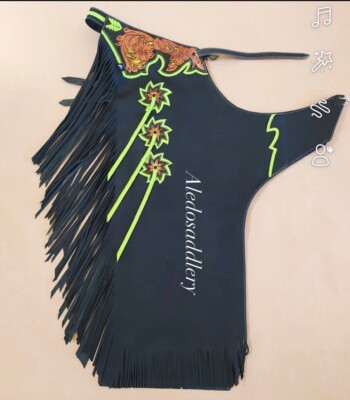 Western Black & Lime Green Top Grain Leather Bull Riding Rodeo Chaps ...