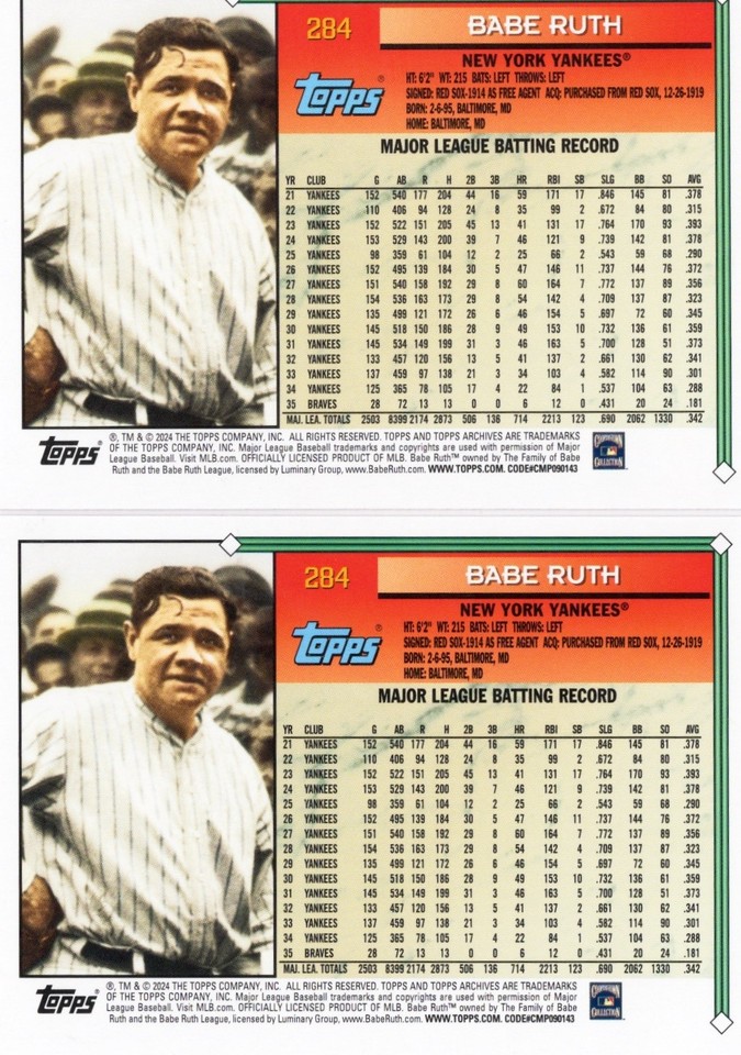 (2) Babe Ruth 2024 Topps Archives Pink Foilboard Parallel #284 New York ...
