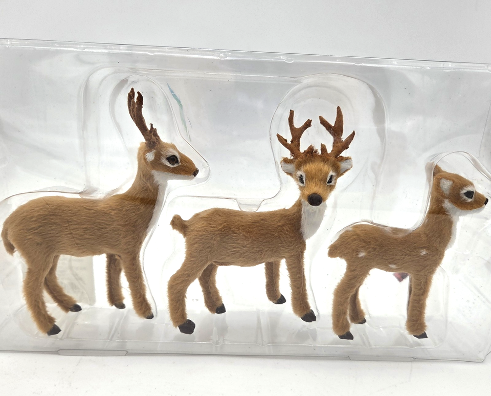 Flocked Deer Figurines Set 3 Christmas Reindeer Holiday Decor VTG Buck ...