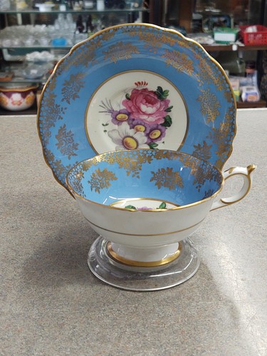 Paragon Double Warrant Cabbage Rose Bouquet Blue Pedestal Cup & Saucer ...