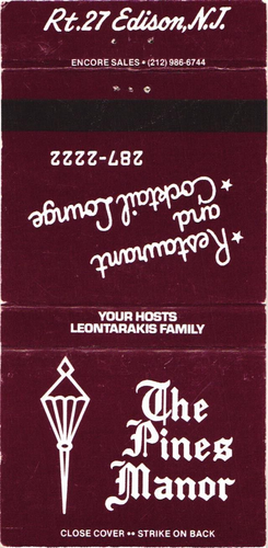 Edison New Jersey The Pines Manor Restaurant Vintage Matchbook Cover | eBay