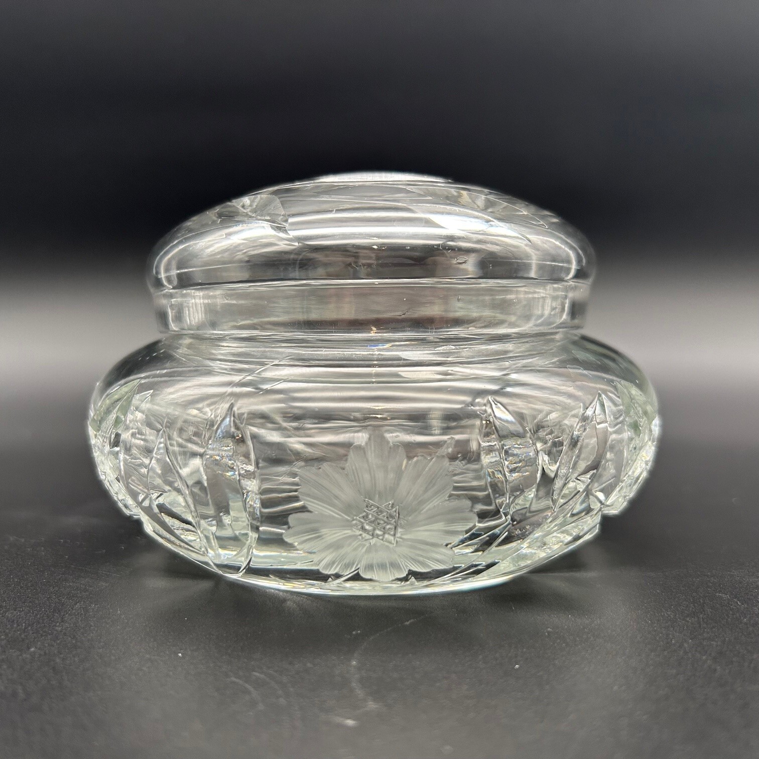 American Brilliant Cut Glass Vanity Puff Jar with Lid Wheel Flowers ...