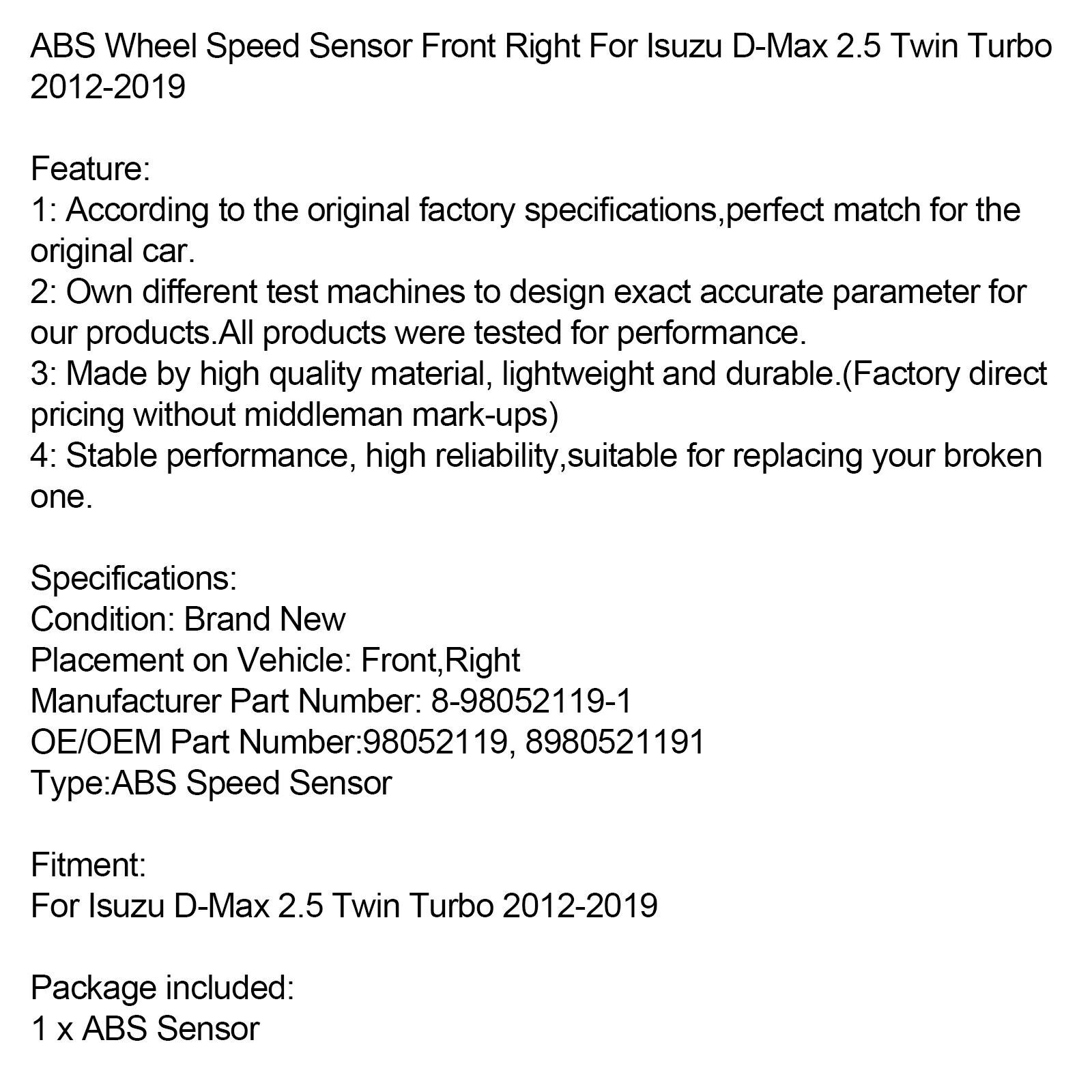 ABS Wheel Speed Sensor Front Right For Isuzu D-Max 2.5 Twin Turbo 2012 ...