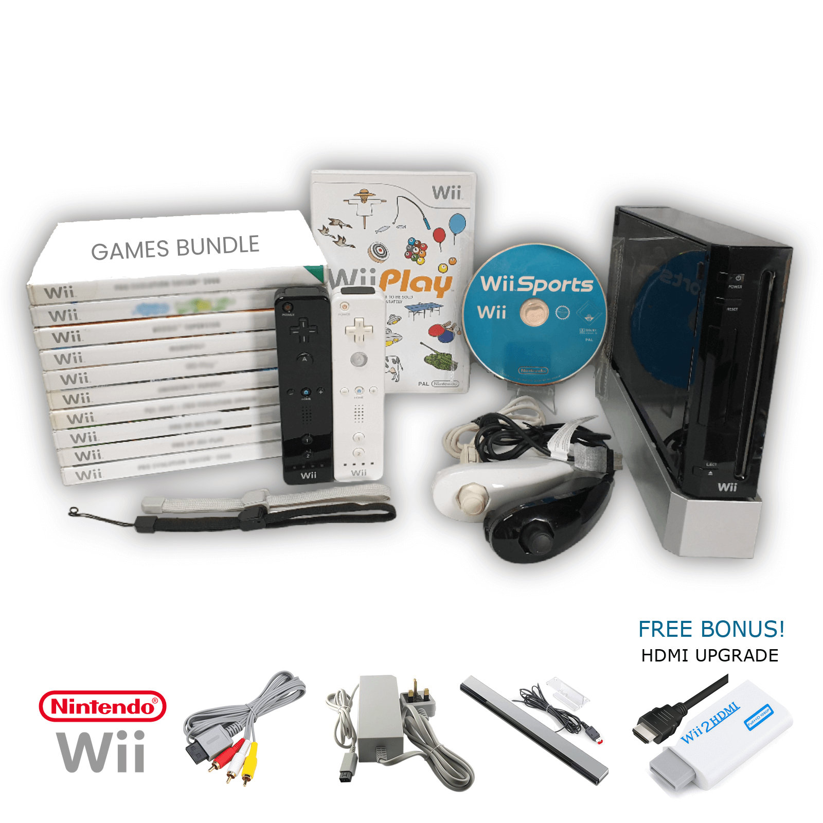 Nintendo Wii Console with Games - 2x Controllers - Wii Sports, Wii Play ...