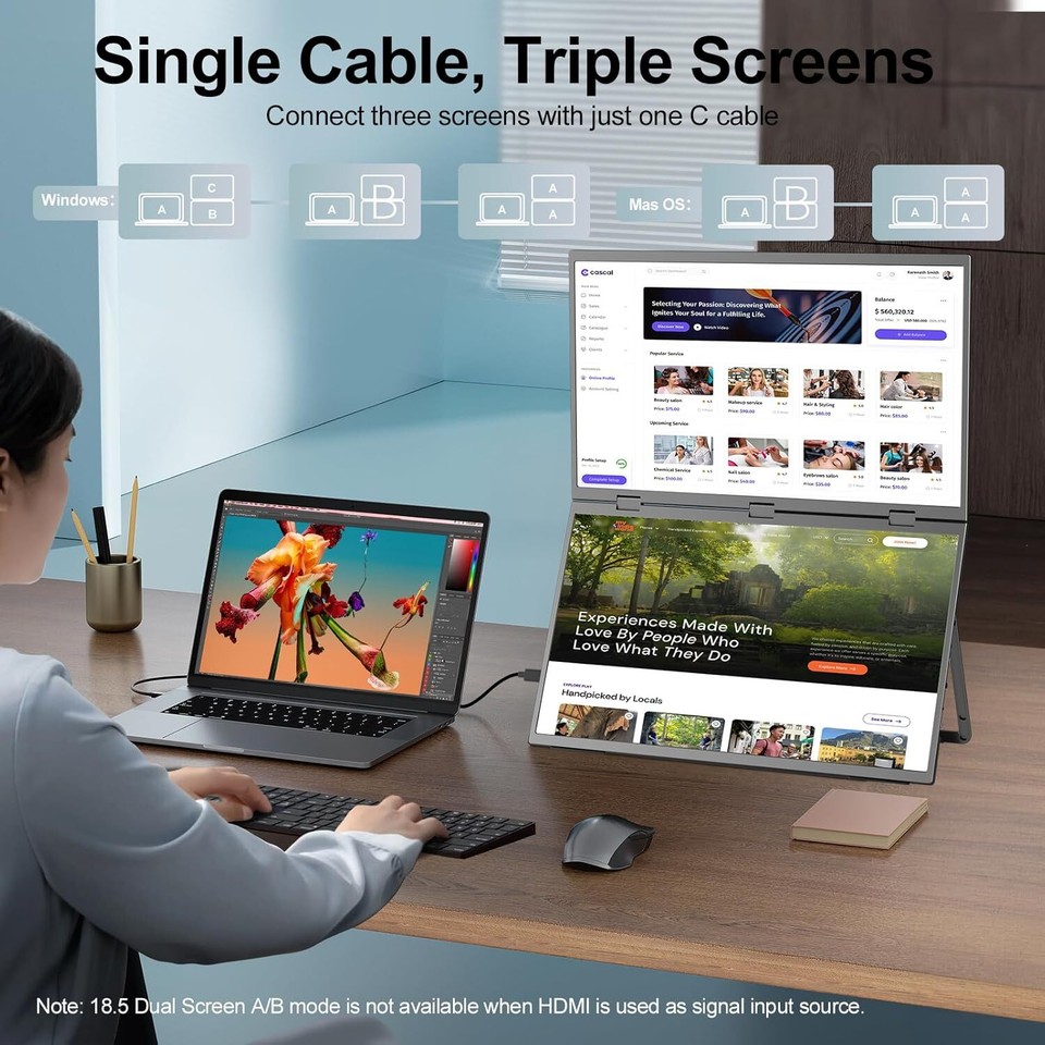 Dual Portable Monitor for Laptop Screen 18.5" FHD Extender Monitor Fold ...