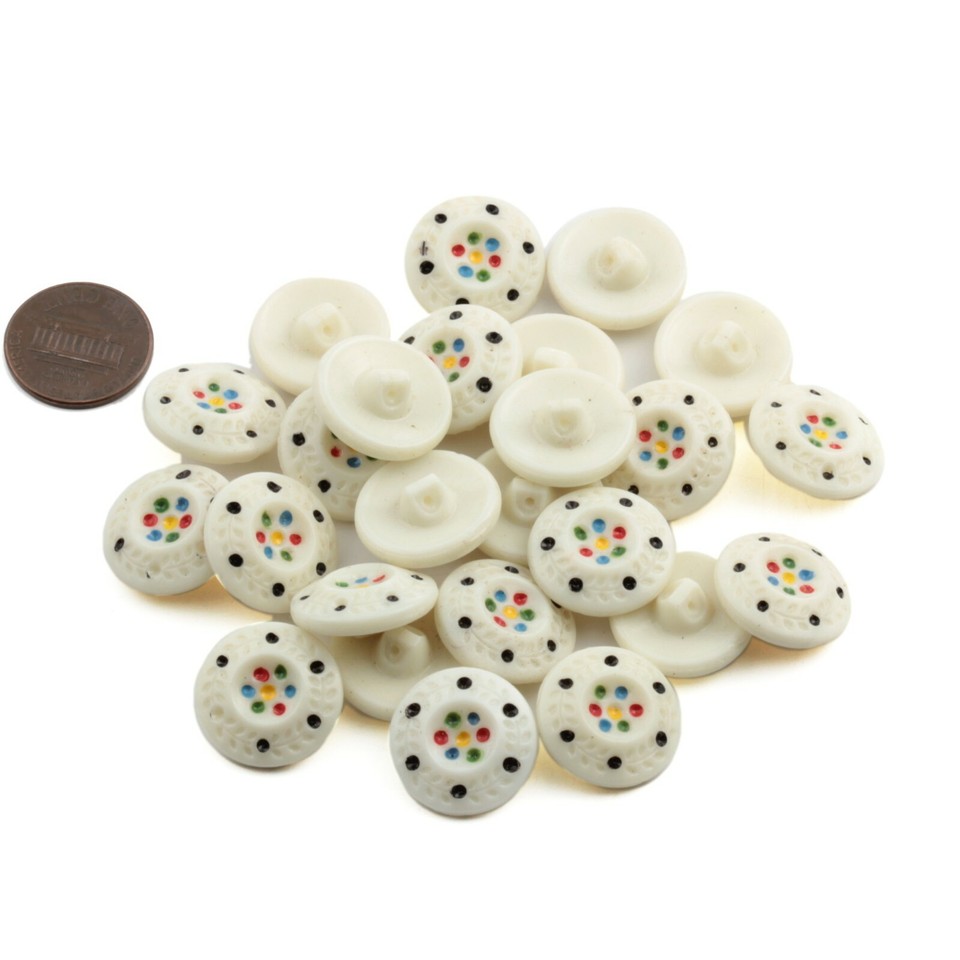 Lot (24) Vintage Czech hand painted floral white Uranium glass buttons ...