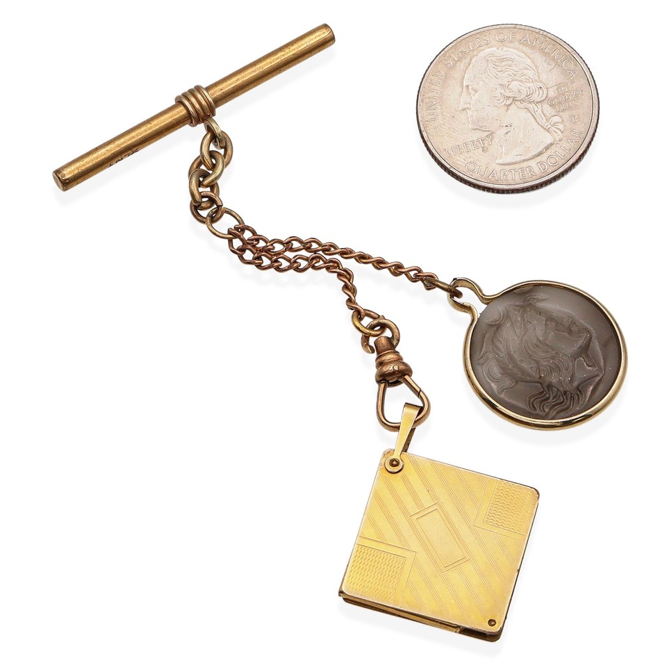 Antique Yellow Gold Filled Onyx T-Bar Intaglio Pocket Watch Chain Fob ...