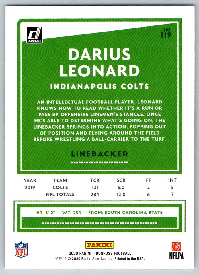 2020 Panini Donruss Football Card Darius Leonard #119 Indianapolis ...
