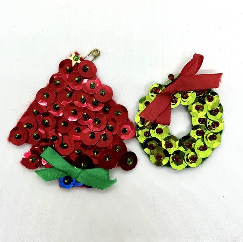 Vtg Handmade Sequins Christmas Tree & Wreath Brooches Pin Pins | eBay ...