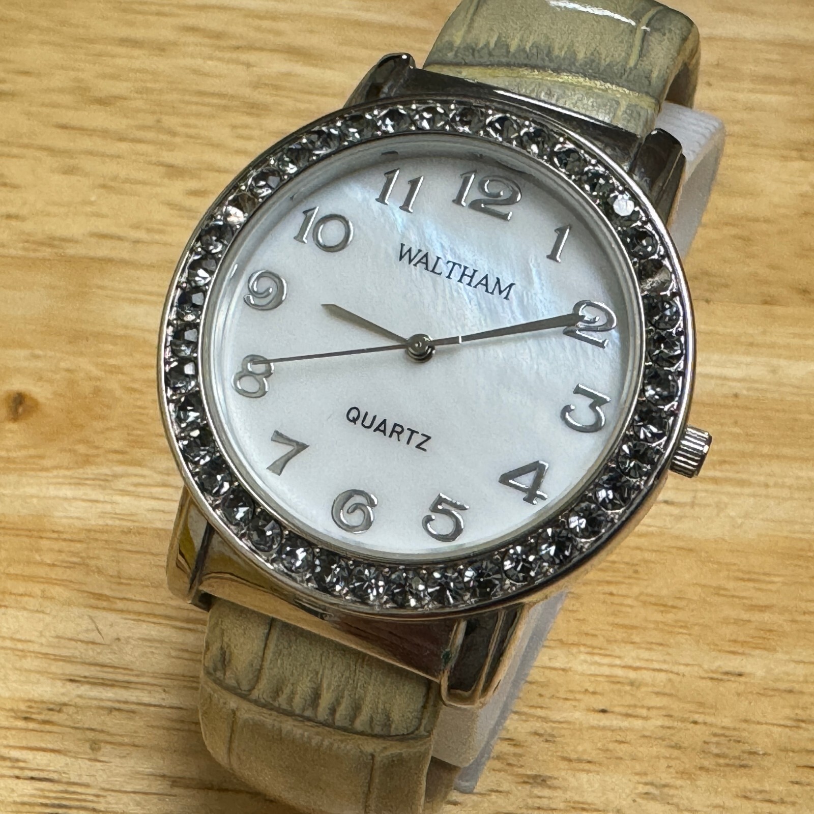 Waltham Quartz Watch Women Silver Rhinestone MOP Dial Cuff Bangle New ...