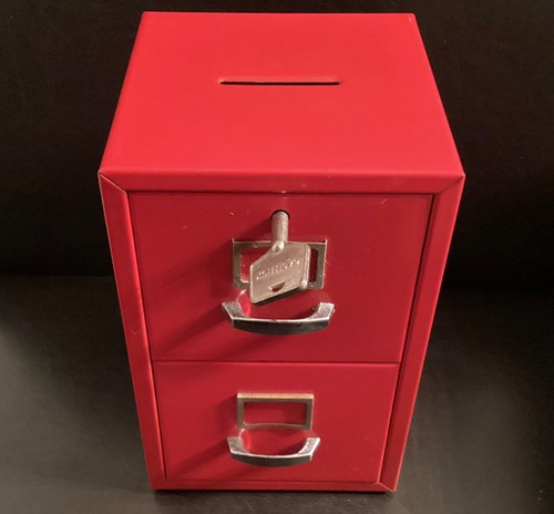 Red Mini Metal File Cabinet Bank Coin Slot 2 Draweres & Cash Box Key 4 ...