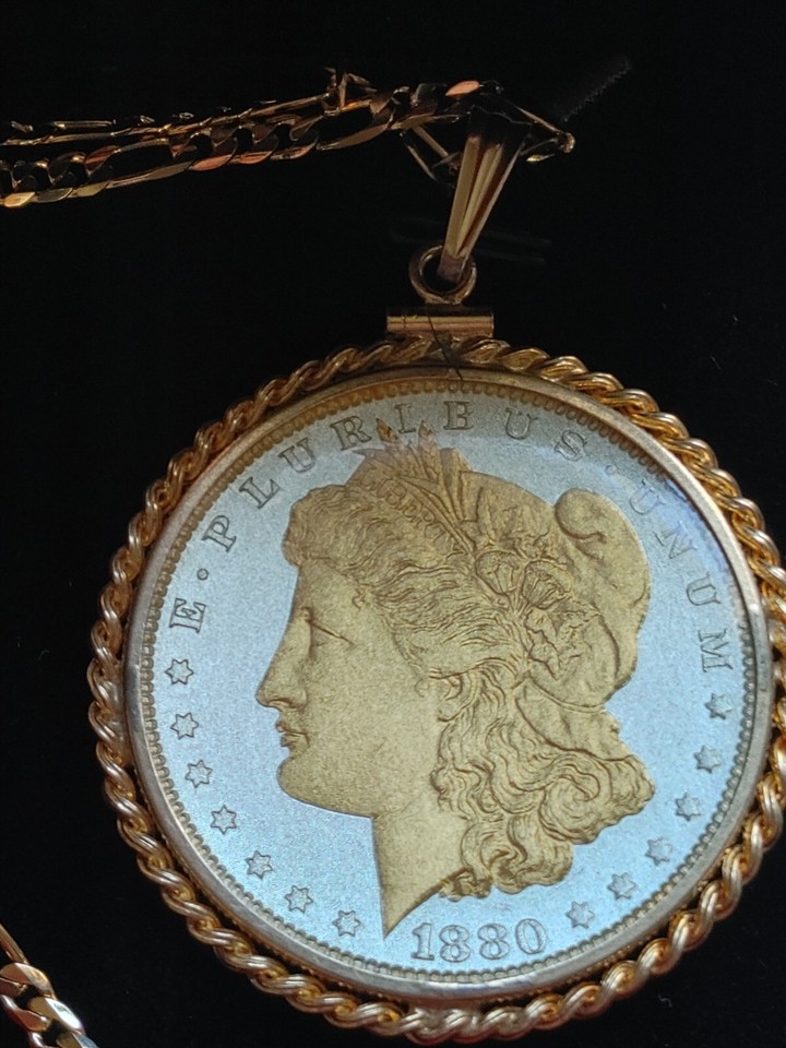 1880 Gilded Morgan Silver Dollar Pendant & 24" 18kgf Gild chain W COA ...