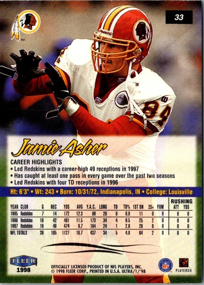 1998 Ultra Jamie Asher #33 Washington Redskins Football Card | eBay