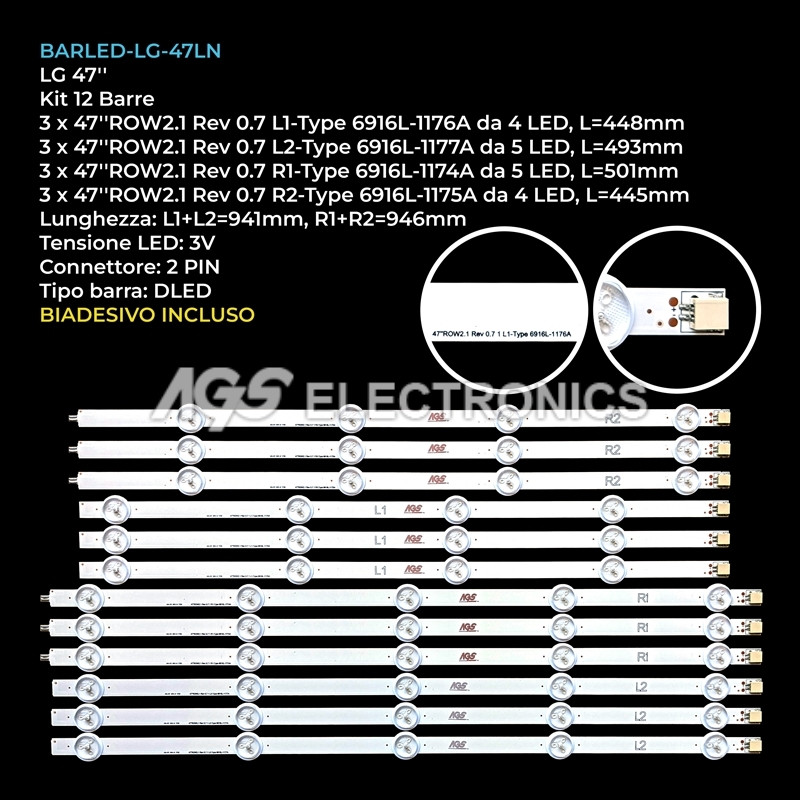 KIT 12 BARRE STRIP LED TV LG 6916L-1174A/1175A/1176A/1177A 47LN5400 ...