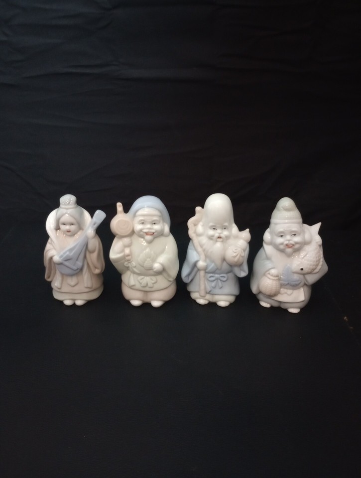 Pair of Yashimi K Porcelain Light Blue Dragon & 7 Lucky Gods Figurines ...