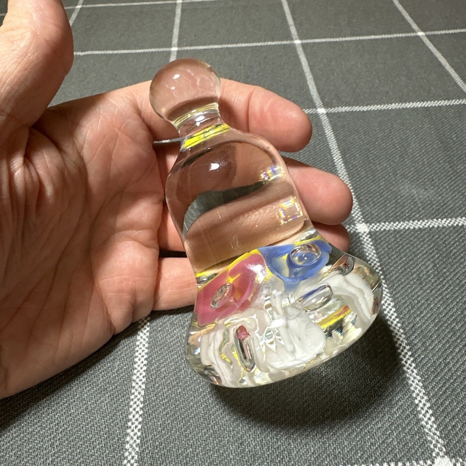 Joe St. Clair Art Glass Bell Shaped Paperweight Flowers Pink Yellow ...