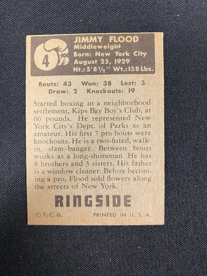 1951 TOPPS RINGSIDE BOXING CARD *JIMMY FLOOD* #4 EXMT (O/C) RANGE BV$40 ...