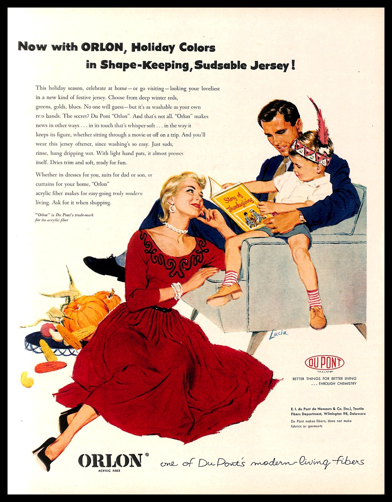 1953 Orlon Dupont Fabrics Vintage PRINT AD Red Dress Illustration Lucia ...
