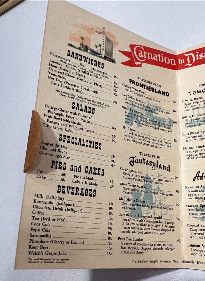 1955 Original Disneyland Carnation Menu restaurant Disney ephemera | eBay