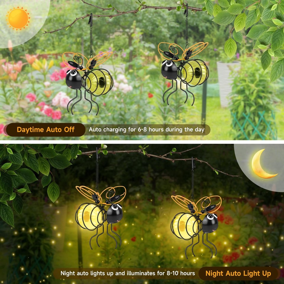 Solar Hanging Bees Lights 2 Packs - Cute Solar Insect Lights Outdoor ...