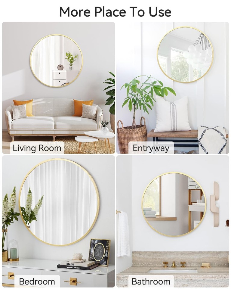 Gold Circle Mirror for Bathroom, 24 inch Circle Mirror, HD Eco-Friendly ...