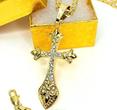 14k Gold Plated Christian Cross White Cubic Zirconia Pendant & Cuban ...